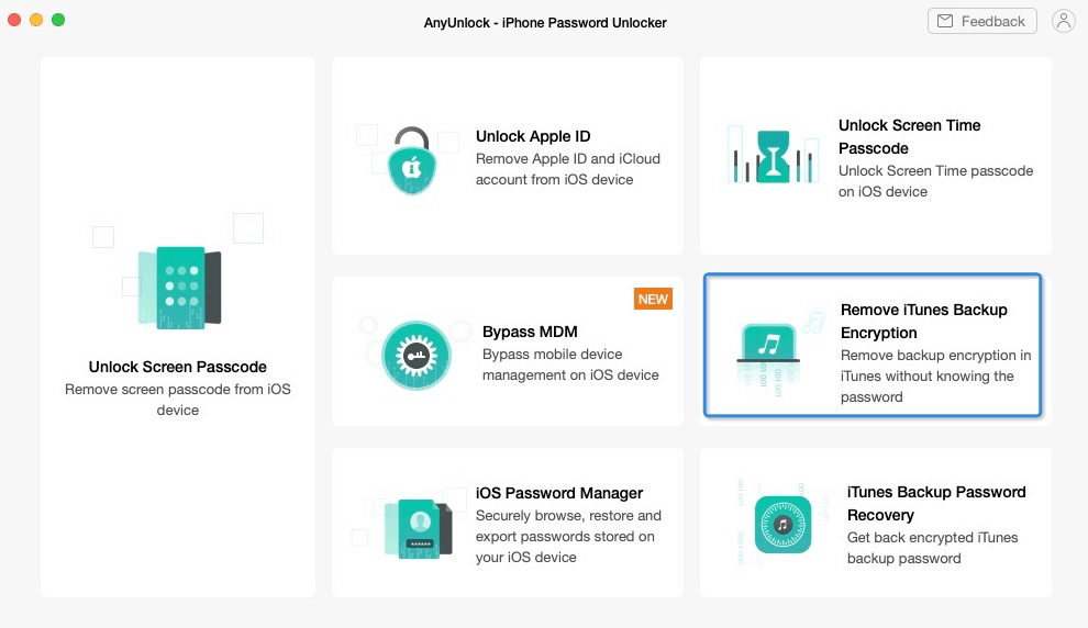 AnyUnlock Online Guide - Remove iTunes Backup Encryption